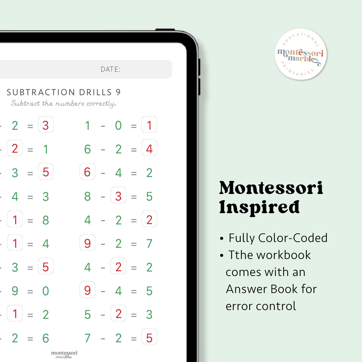 Subtraction Drills Workbook Level 1 | Montessori Math Printable ...