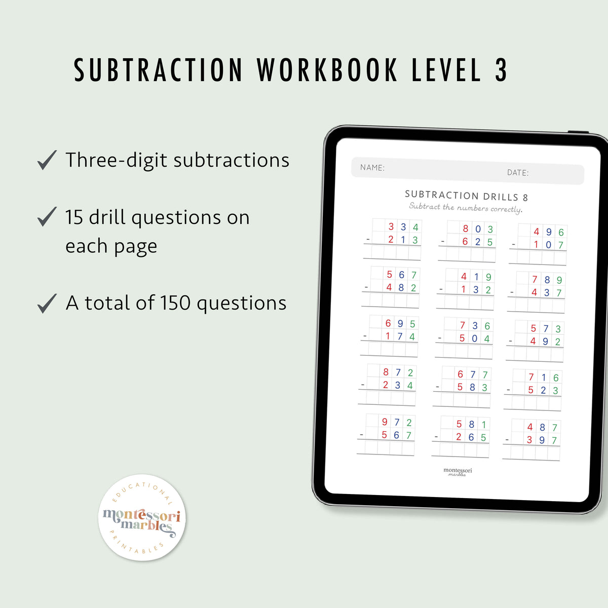 Subtraction Drills Workbook Level 3 | Montessori Math Workbooks ...
