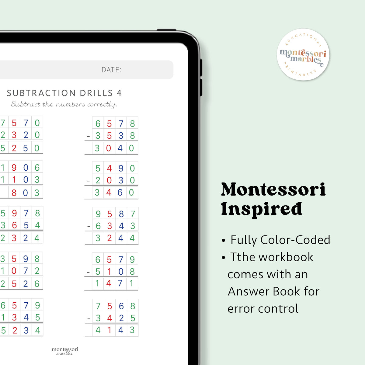 Subtraction Drills Workbook Level 4 | Montessori Math Workbooks ...