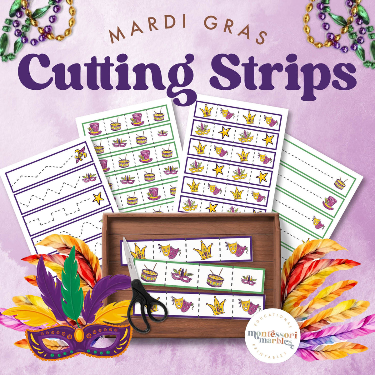 Mardi Gras Cutting Strips – Montessori Marbles