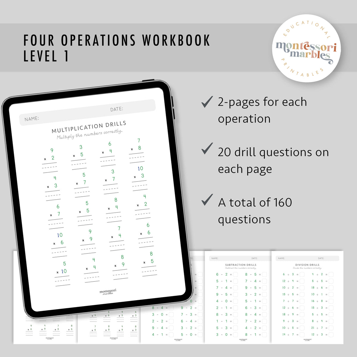 Four Operations Workbook Level 1 – Montessori Marbles