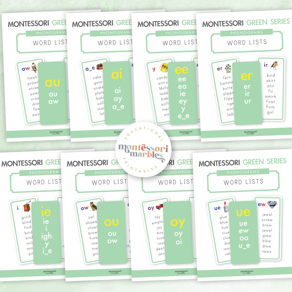 Montessori Green Series Word Lists for Phonogram – Montessori Marbles