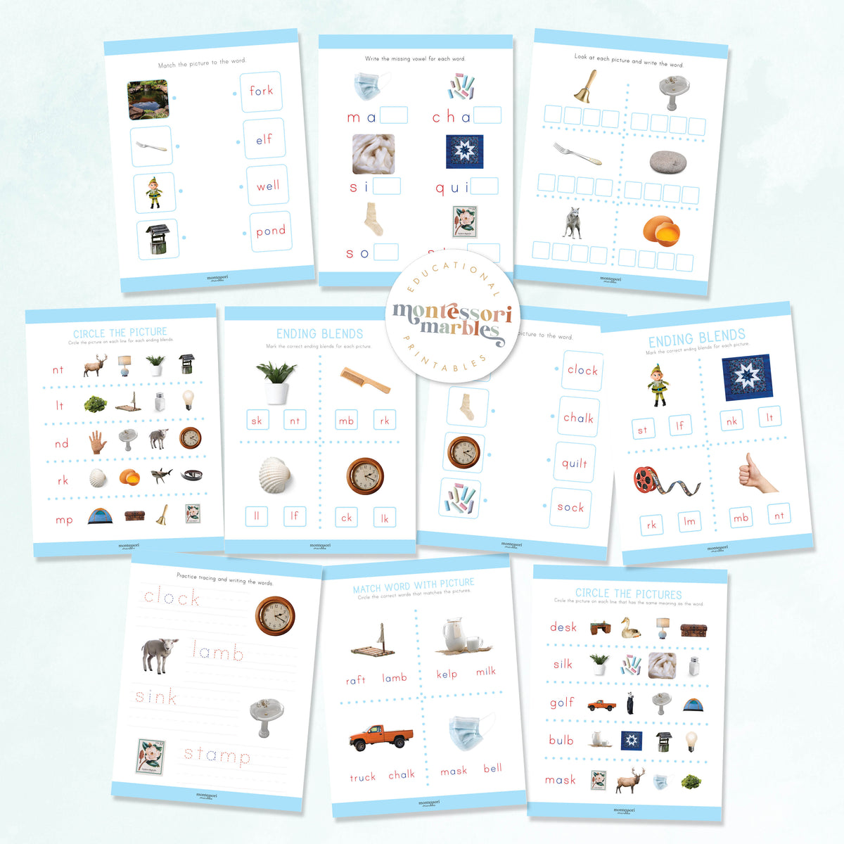 Montessori Blue Series Workbook | Ending Blends – Montessori Marbles