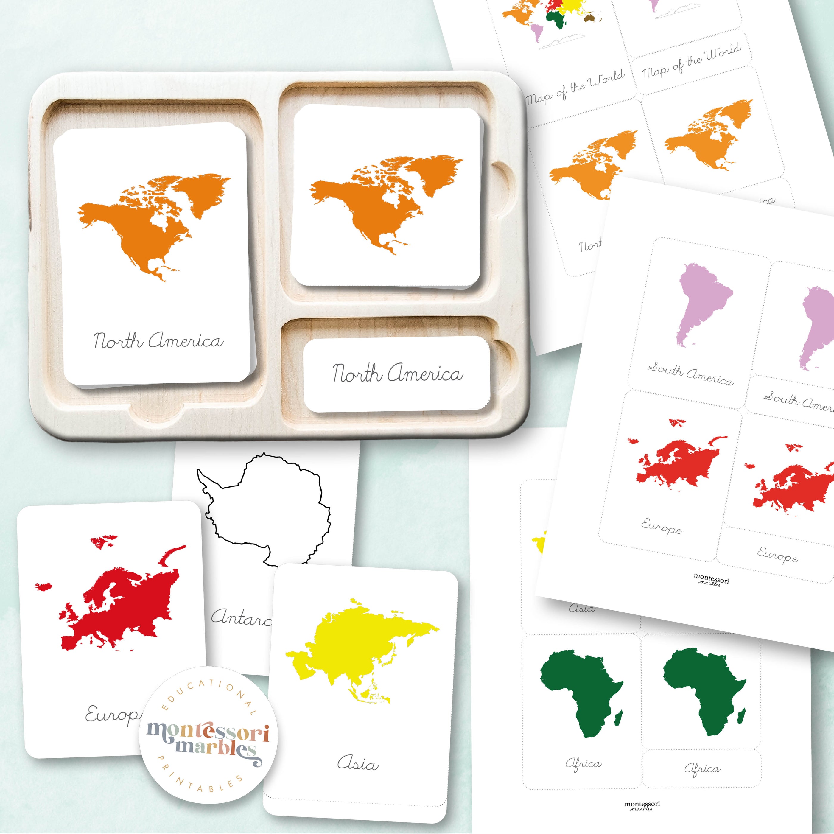 Continents Cursive Nomenclature | 8 Geography 3-Part Cards Ages 5-8 ...