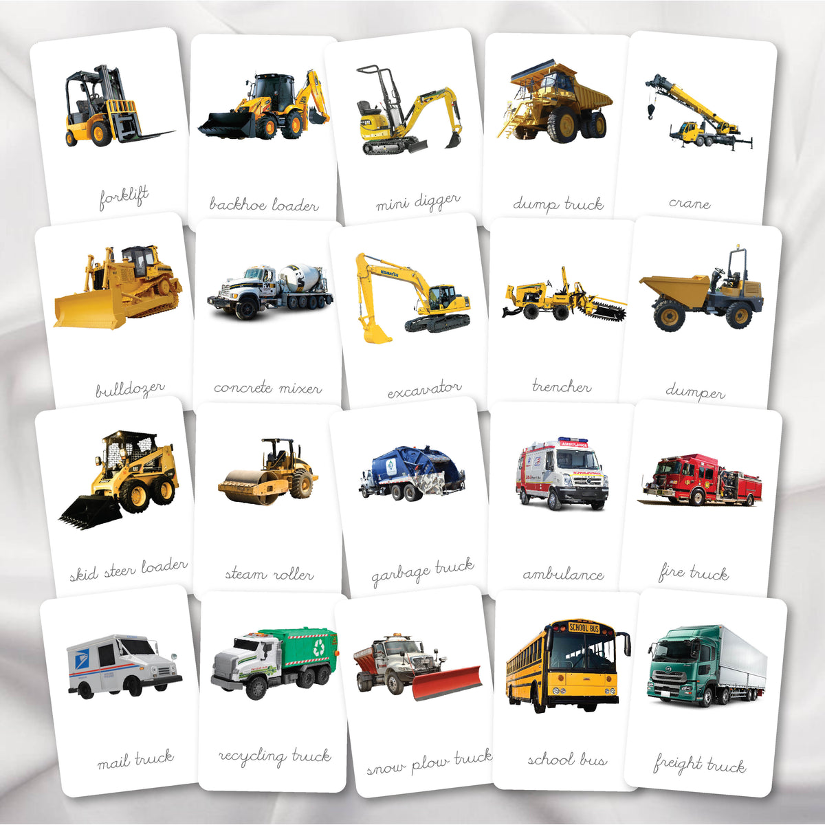 Construction Vehicles Nomenclature Cards in Cursive — Montessori Marbles