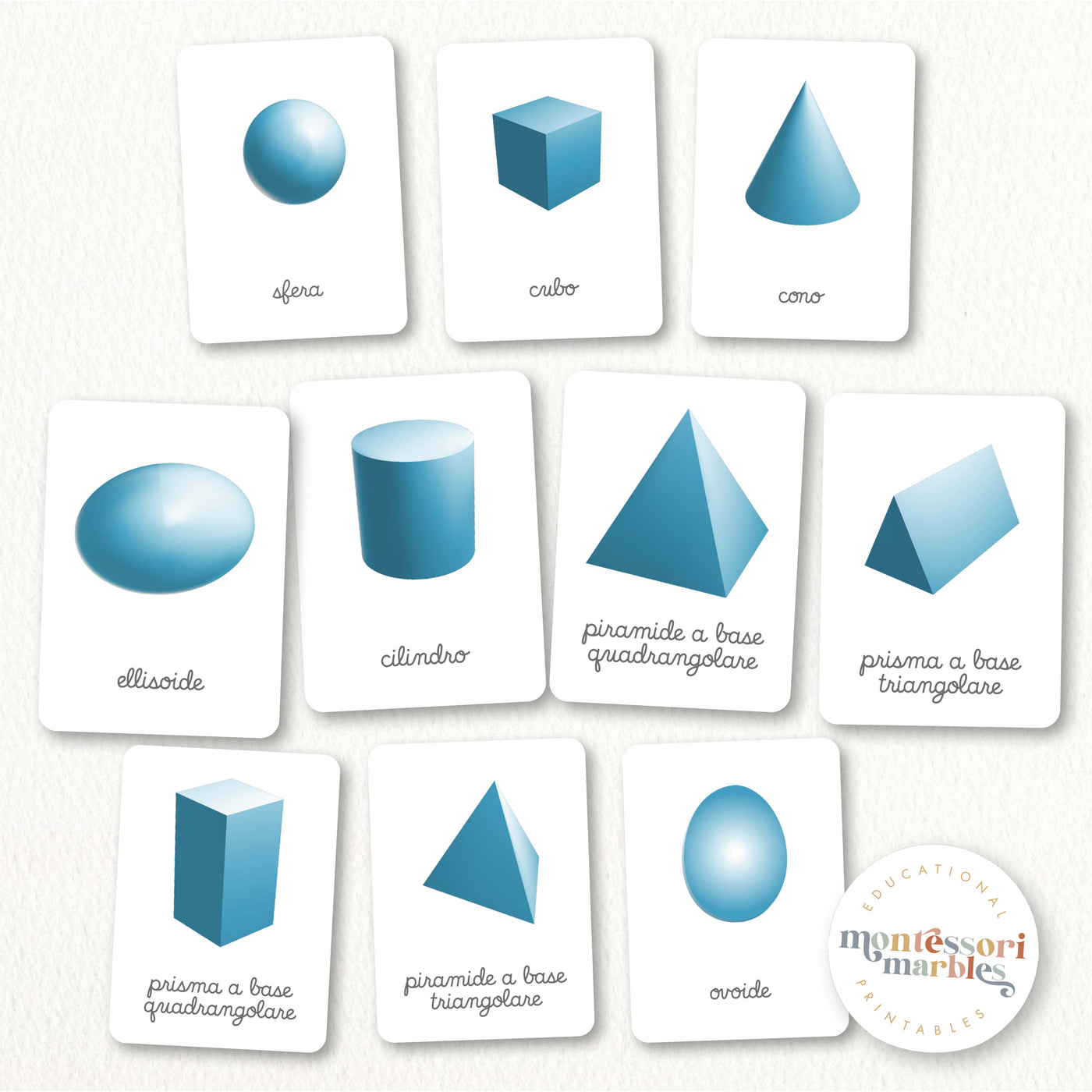 3D Shapes Nomenclature Cards Cursive | 10 Italian Geometry Ages 4-8 ...