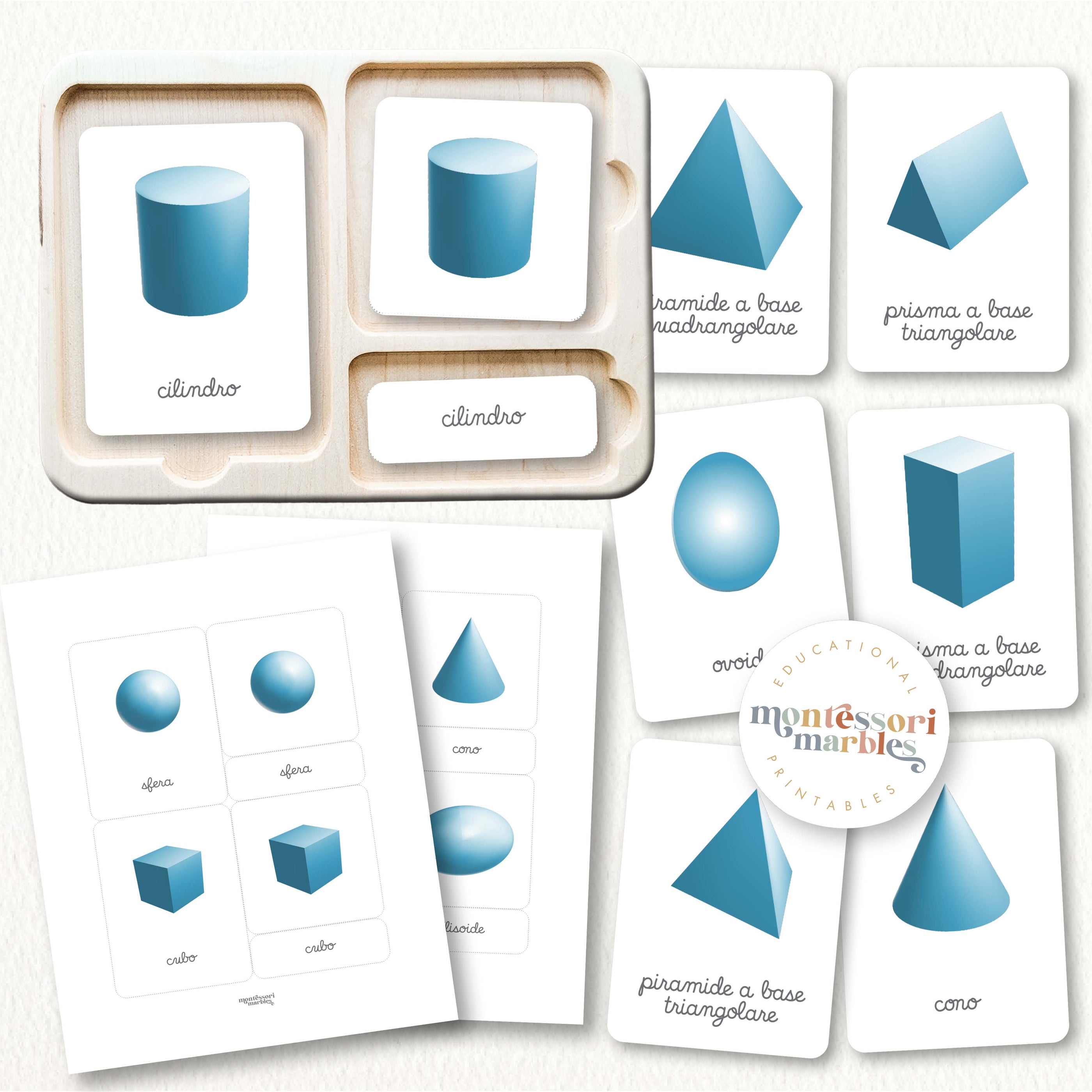 3D Shapes Nomenclature Cards Cursive | 10 Italian Geometry Ages 4-8 ...