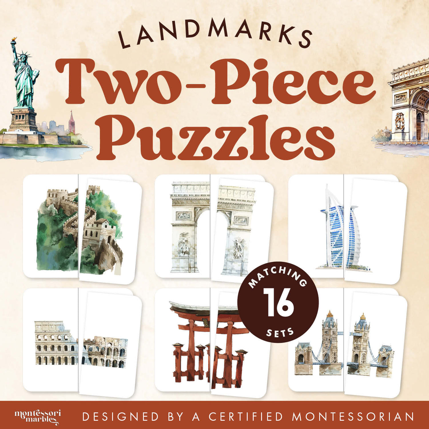 Landmarks Two-Piece Puzzles | 16 Sets World Geography Matching Ages 3-6 ...