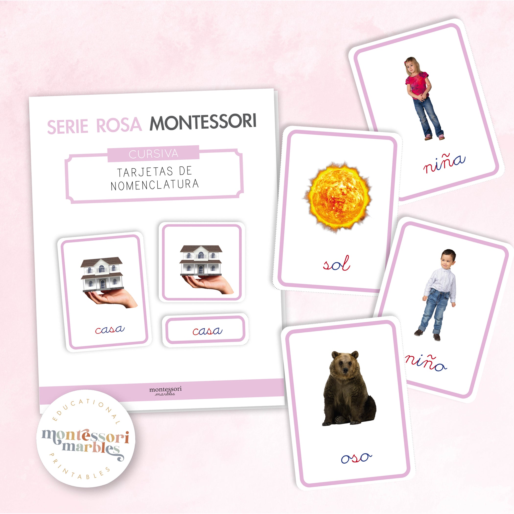 Tarjetas Cursiva Serie Rosa | Montessori Español Edades 5-7 ...