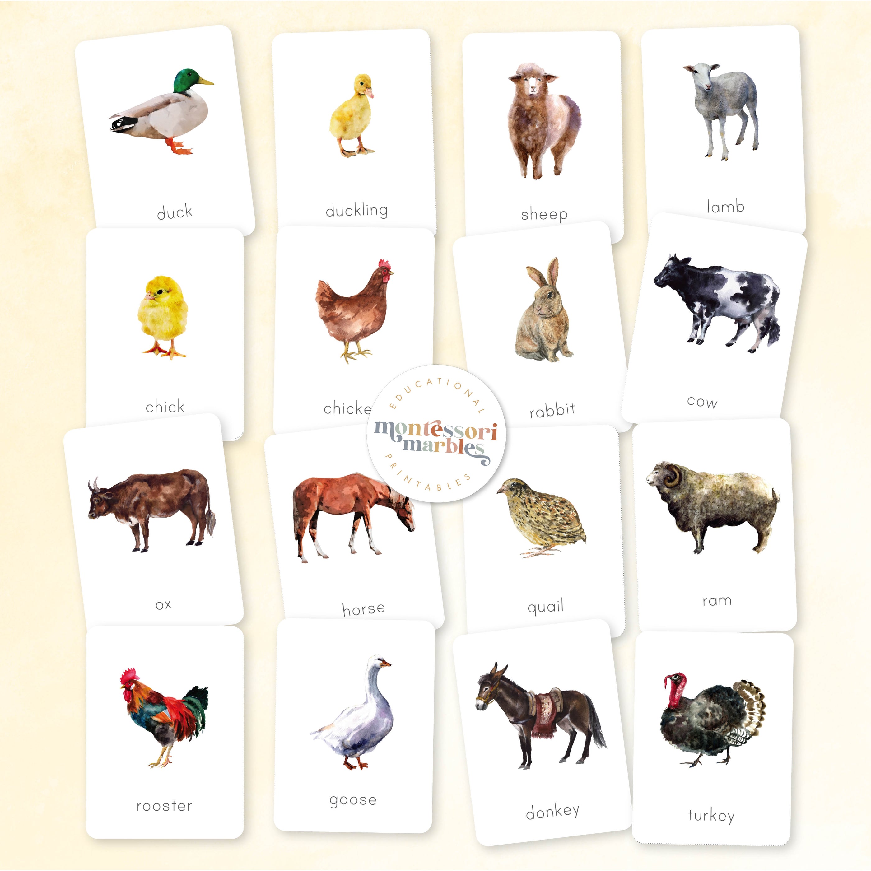 Farm Animals Flash Cards | 16 Watercolor Vocabulary Cards Ages 2-6 ...