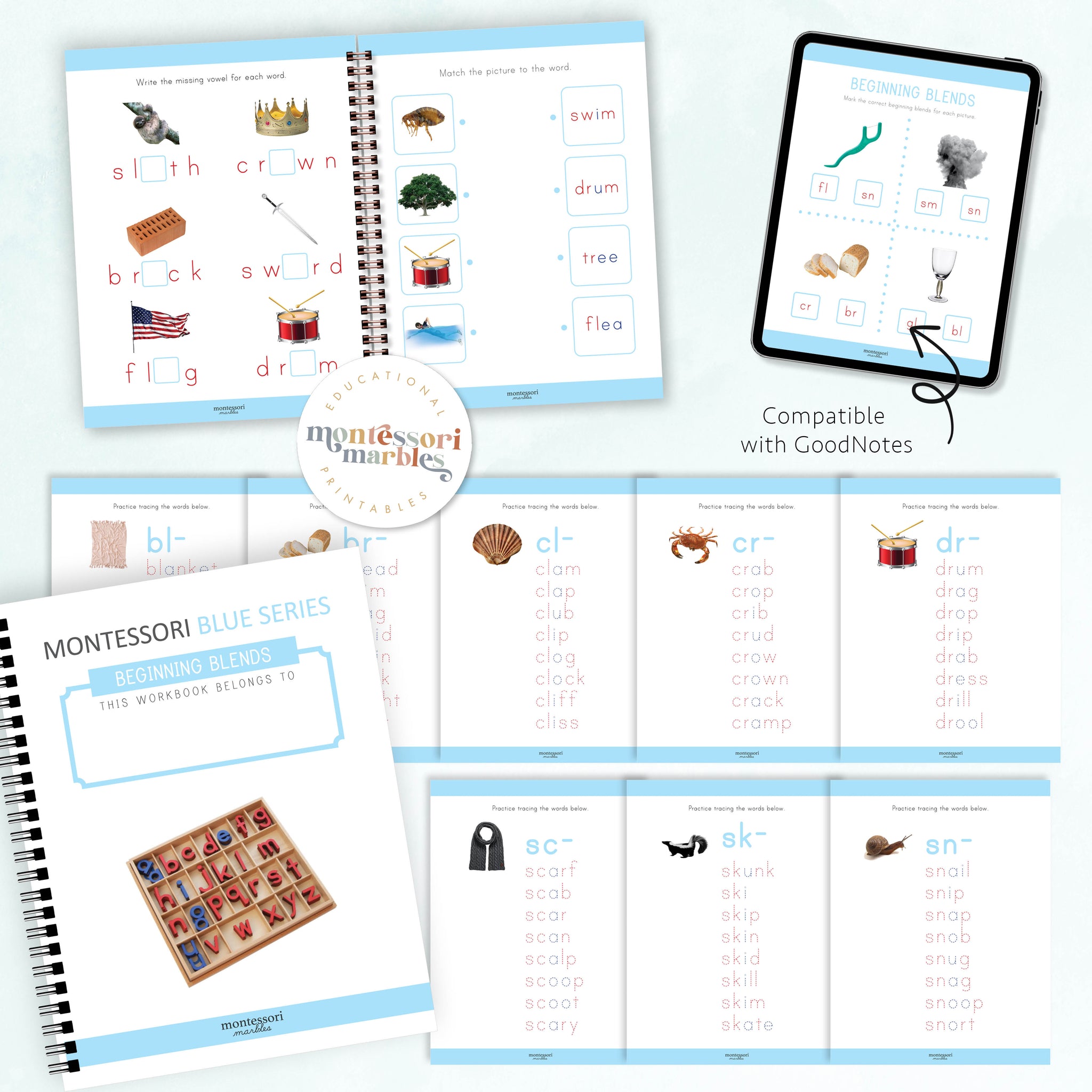 Montessori Blue Series Workbook | Beginning Blends – Montessori Marbles