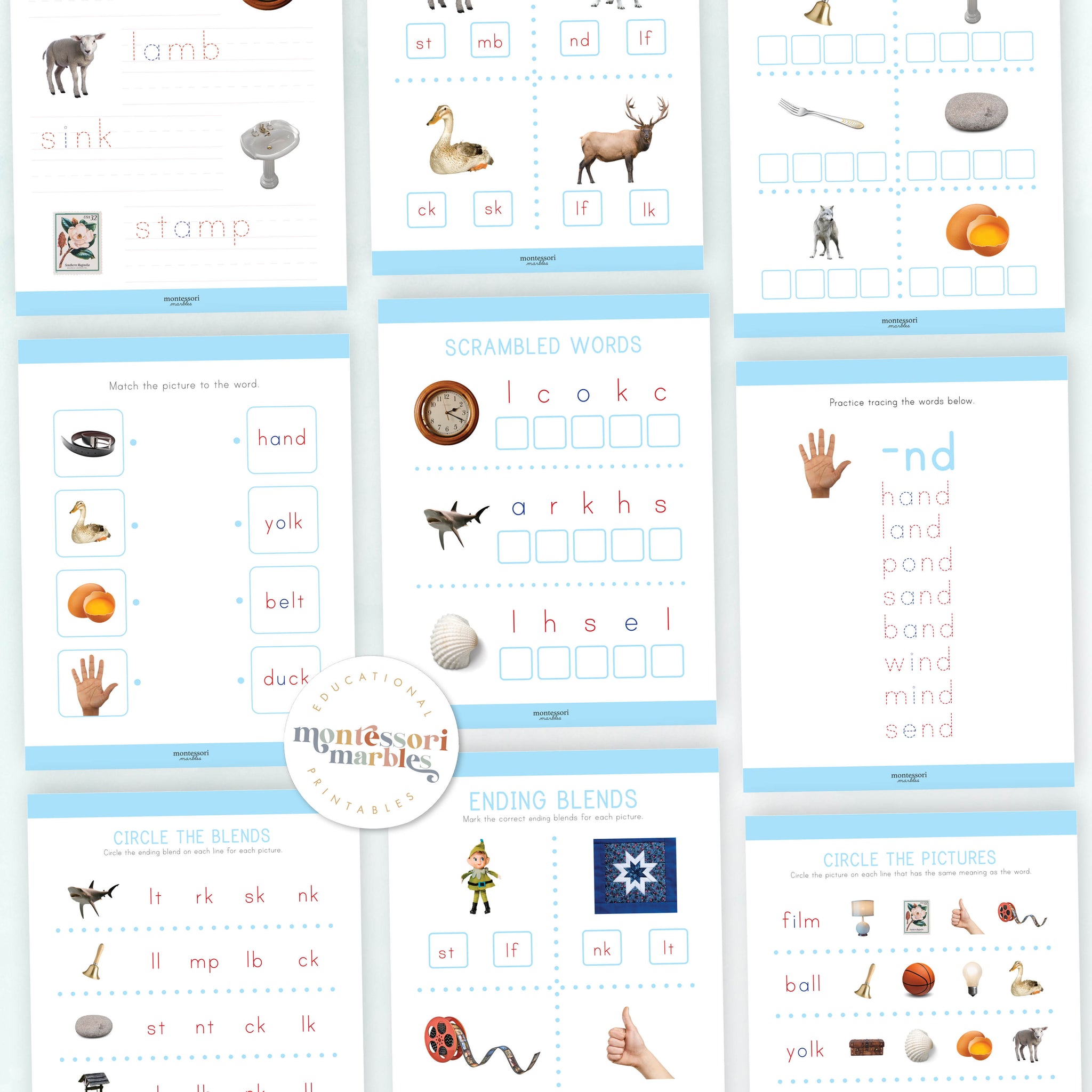 Montessori Blue Series Workbook | Ending Blends – Montessori Marbles