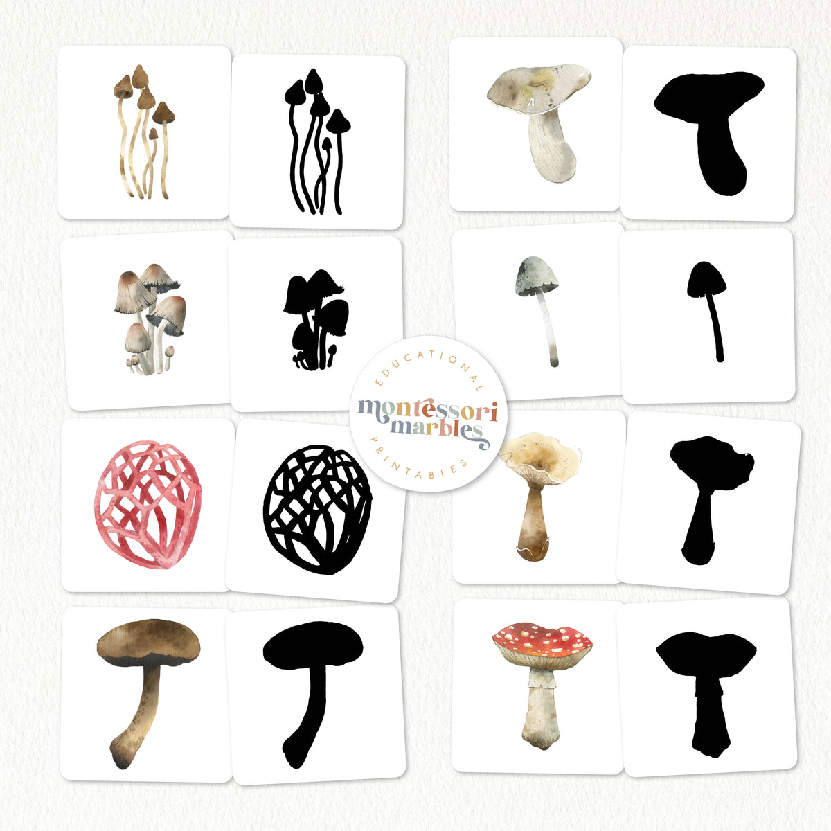 Mushrooms & Fungi Shadow Matching – Montessori Marbles