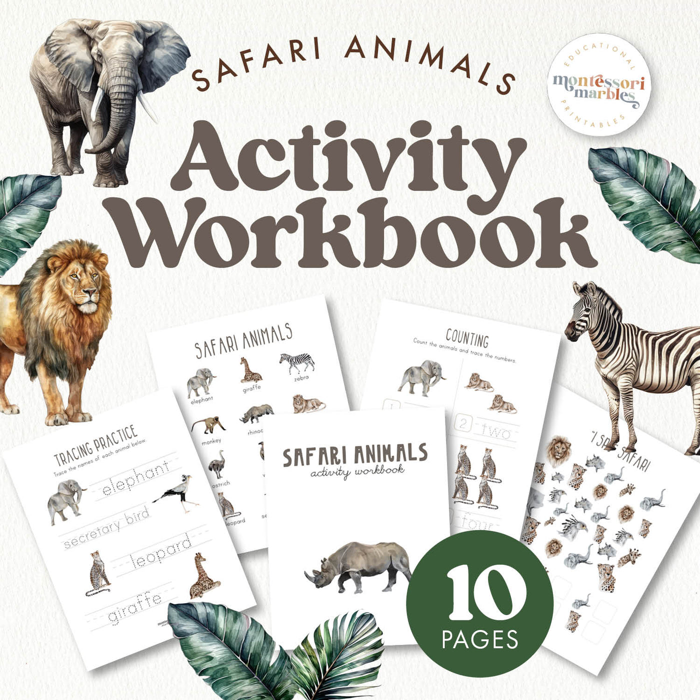 Safari Animals Workbook PreK Kindergarten | 10 Color Pages Ages 3-8 PDF ...