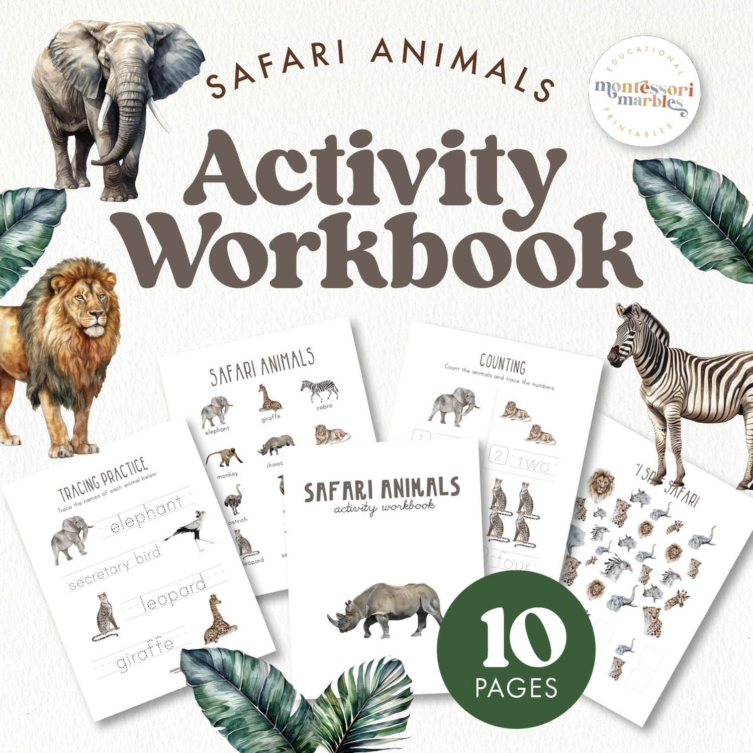 Safari Animals Workbook PreK Kindergarten | 10 Color Pages Ages 3-8 PDF ...