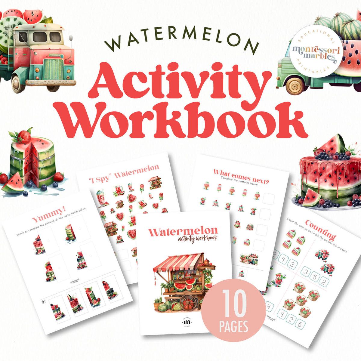 Watermelon Workbook PreK | 10 Color Summer Worksheets Ages 3-6 ...