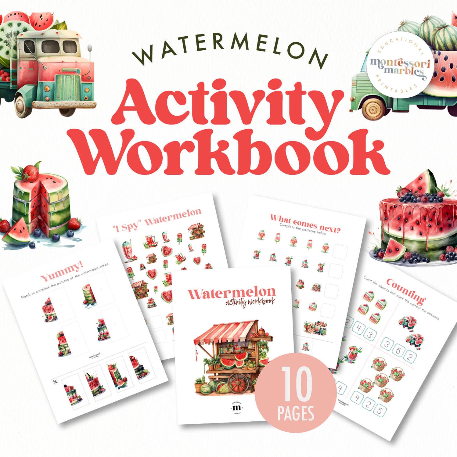 Watermelon Workbook PreK | 10 Color Summer Worksheets Ages 3-6 ...