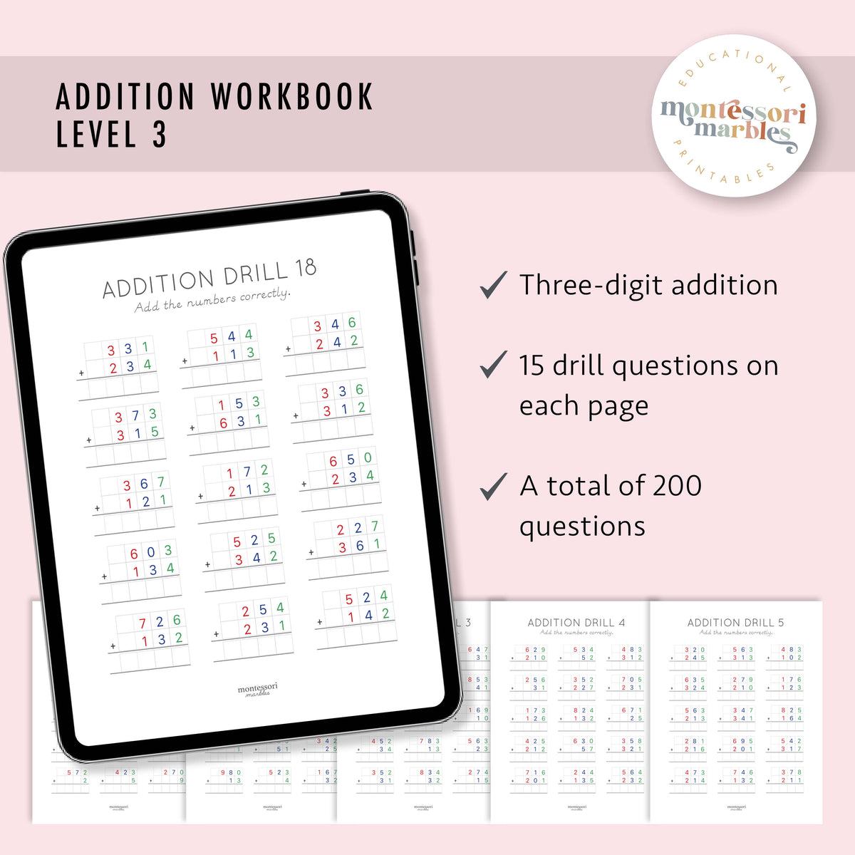 Addition Drills Workbook Level 3 – Montessori Marbles