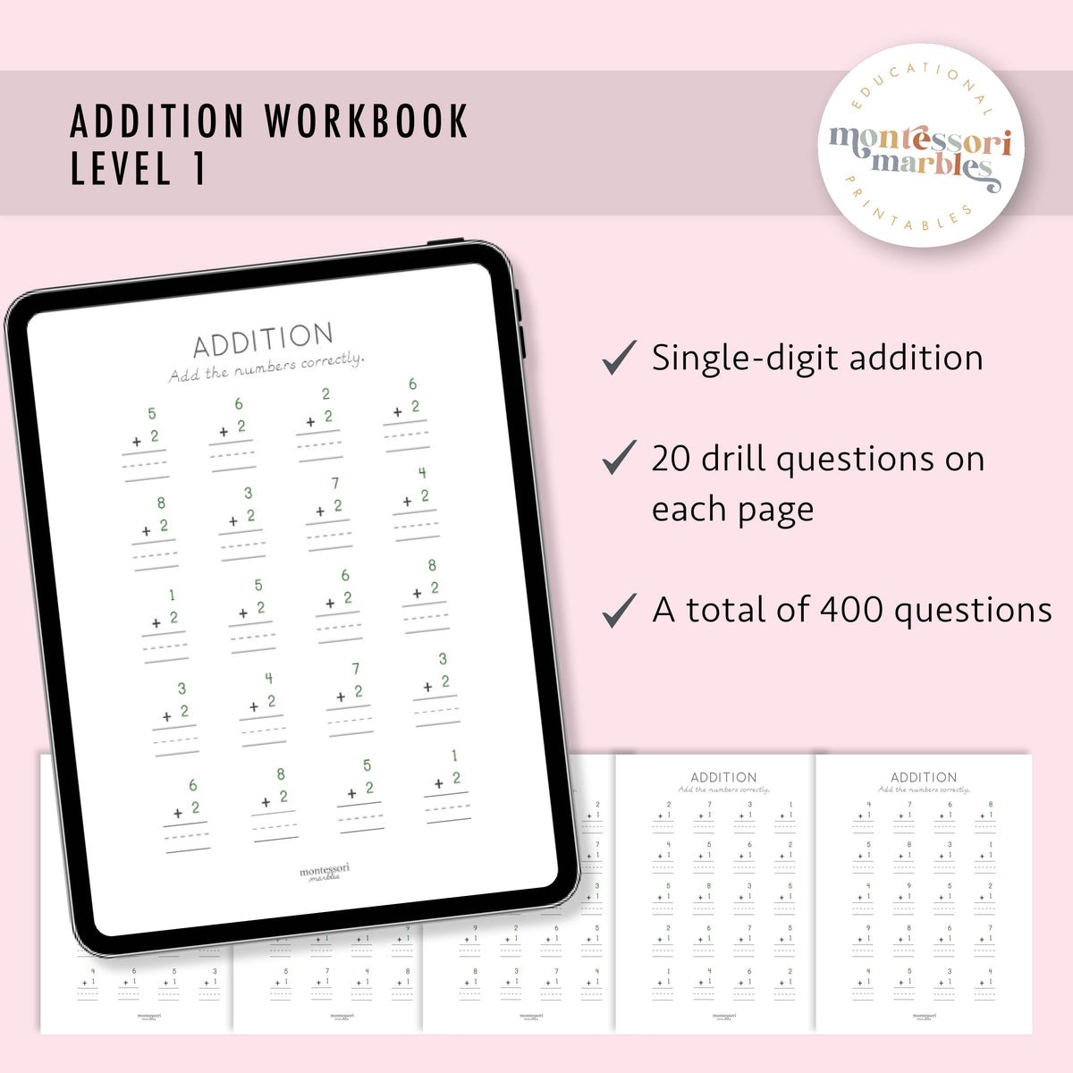 Addition Drills Workbook Level 1 – Montessori Marbles