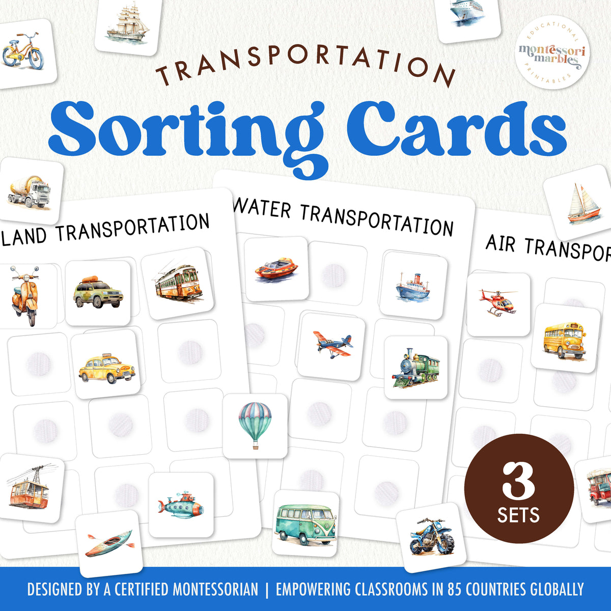 Sorting Cards: Land, Air & Water Transportation — Montessori Marbles