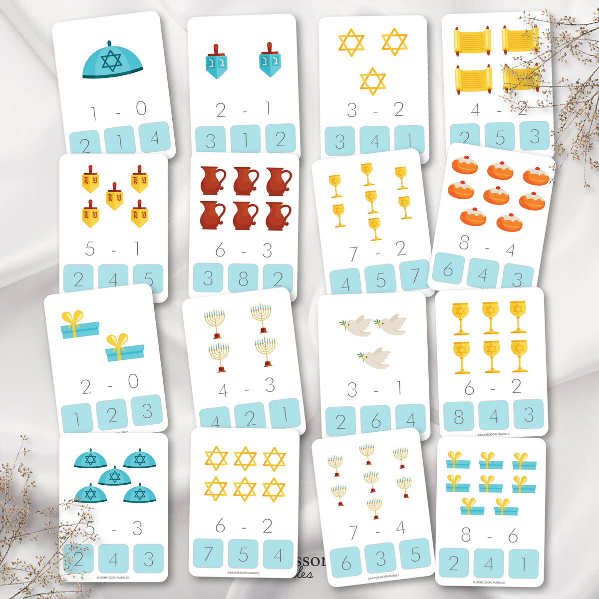Hanukkah Subtraction Clip Cards | 16 Math Practice Under 10 Ages 5-7 ...