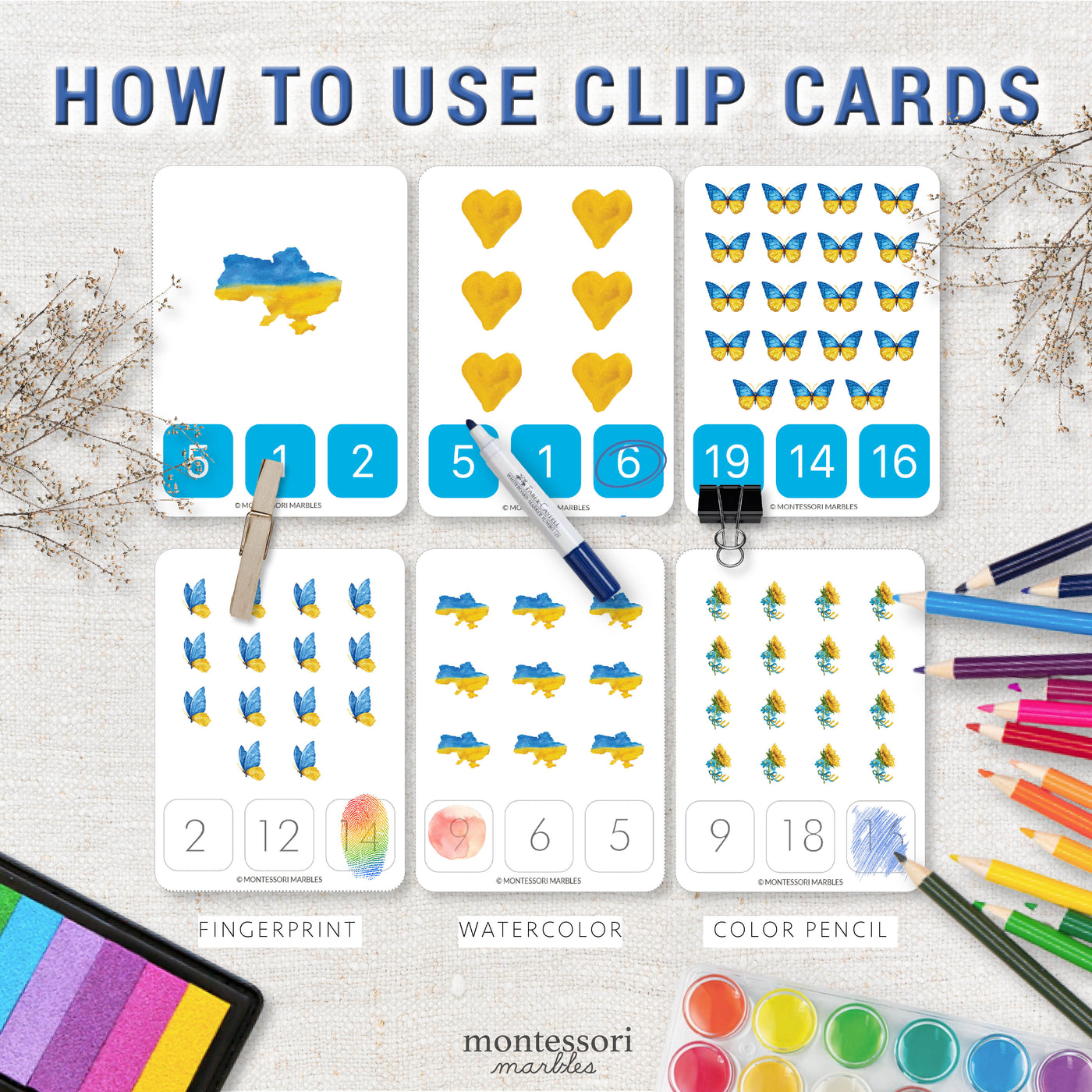 Ukraine Counting Clip Cards 1-20 | Math Activity Ages 3-6 Printable ...